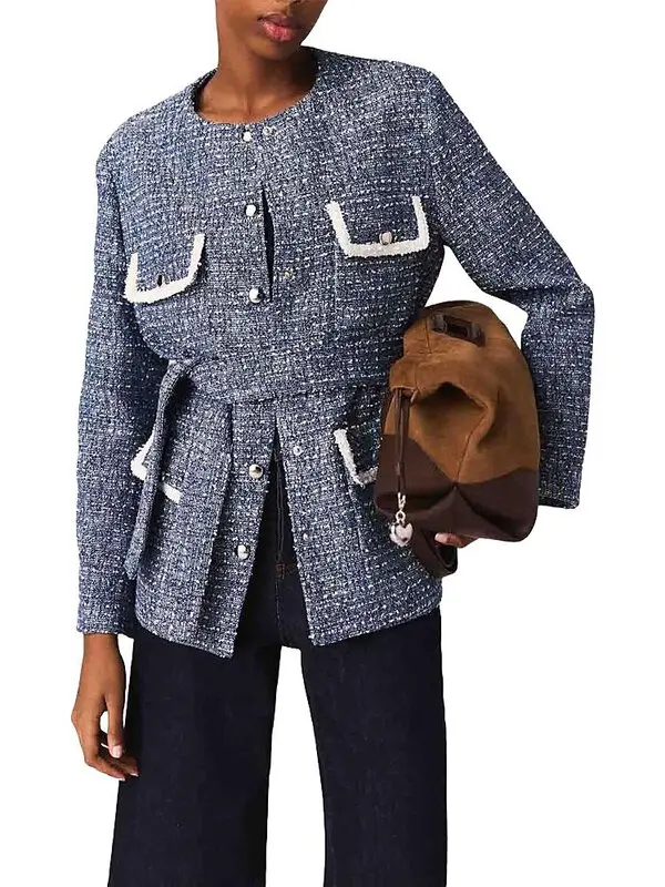 Maje Tweed Jacket With Pockets And Belt - Blue
