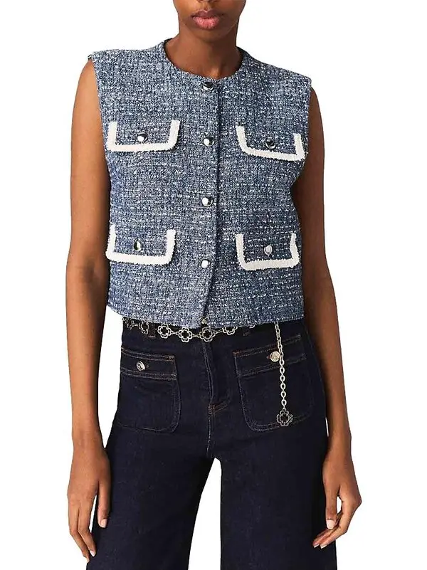 Maje Sleeveless Tweed Jacket - Blue