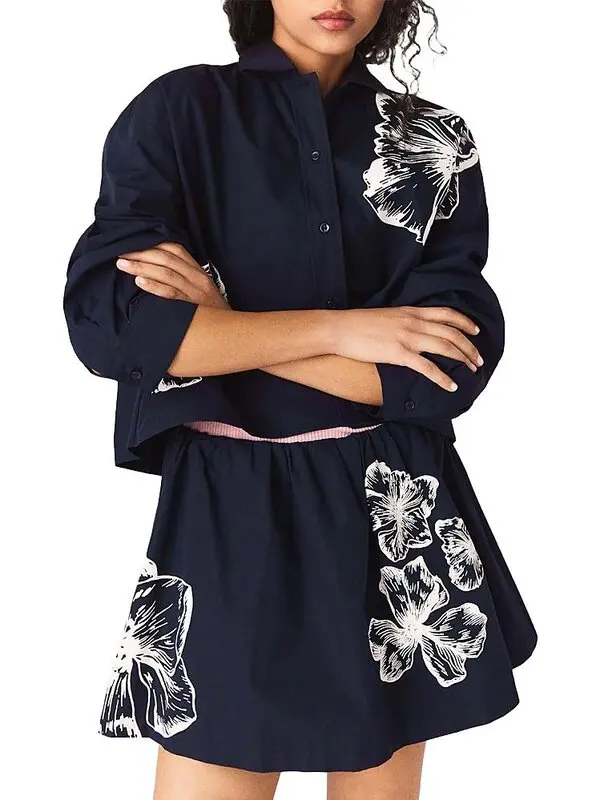 Maje Floral Print Cropped Shirt - Navy