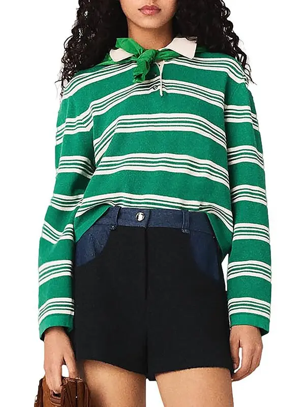 Maje Cropped Striped Polo Top - Green