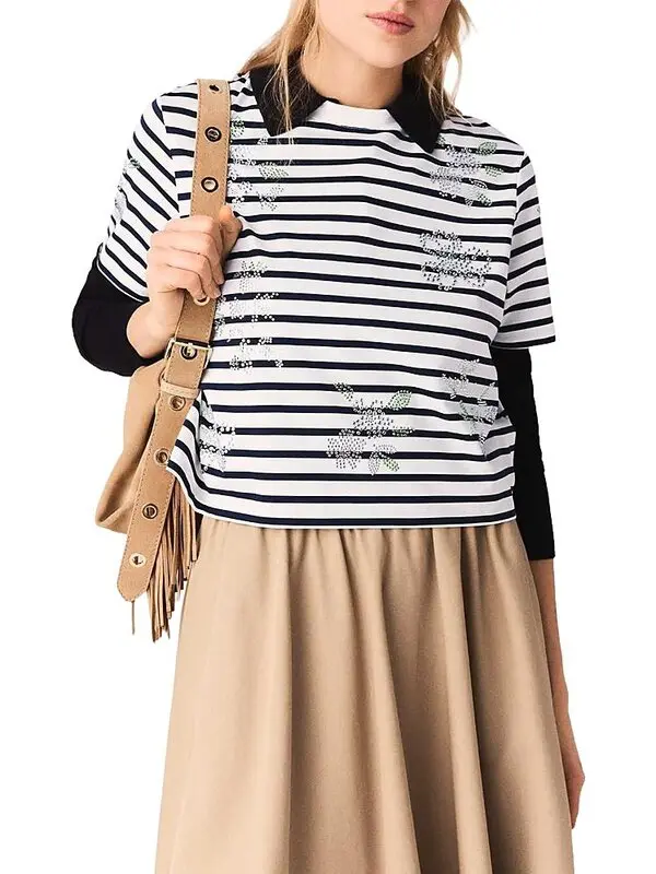 Maje Striped T-shirt With Rhinestone Details - White