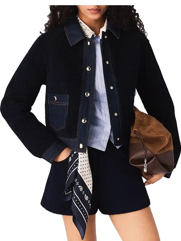Maje Boucle Denim Trucker Jacket - Navy