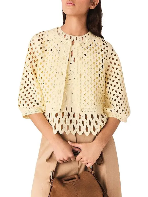 Maje Rhinestone Crochet Cardigan - Pale Yellow