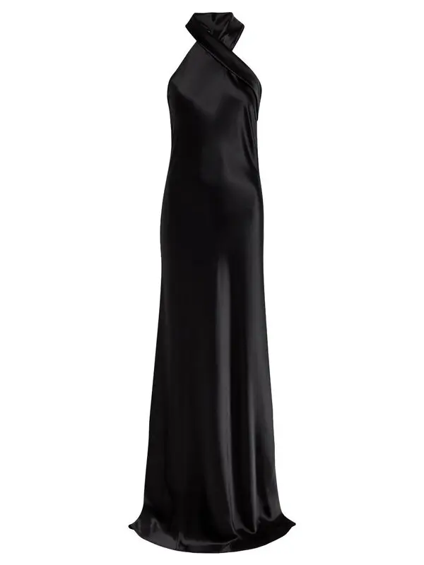 Galvan Cascading Satin Gown - Black