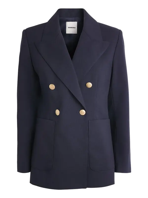 Sandro Virgin Wool-cotton Double-breasted Slim Blazer - Blue