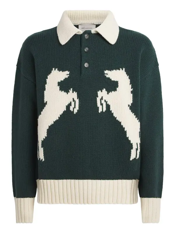Ami Wool-blend Intarsia Polo Sweater - Green