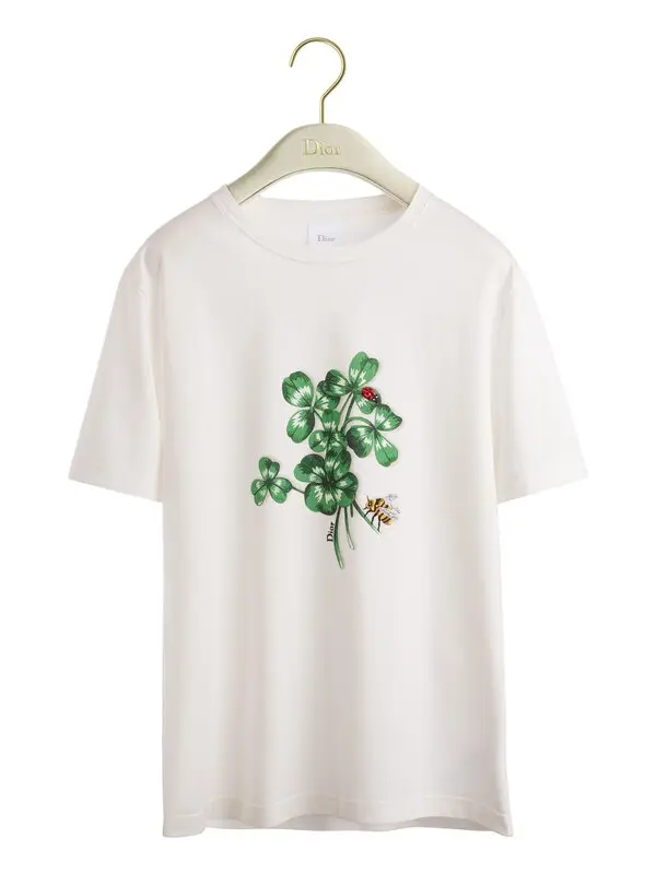 Dior Fitted T-shirt - White Cotton Jersey With Green Dior Clover Motif