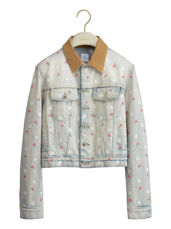 Dior Amour Embroidered Jacket - Light Blue Cotton Denim With Multicolor Doves & Roses Motif