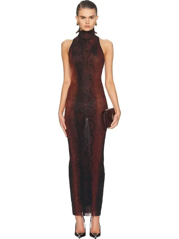 JEAN PAUL GAULTIER Mesh High Neck Python Printed Long Dress - Brown & Black