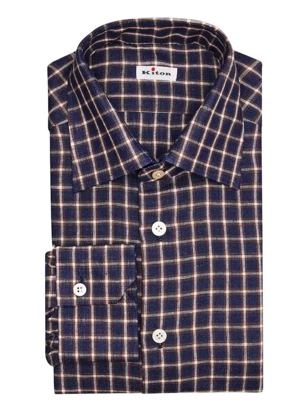 Kiton Linen-blend Windowpane Plaid Dress Shirt - Navy Blu