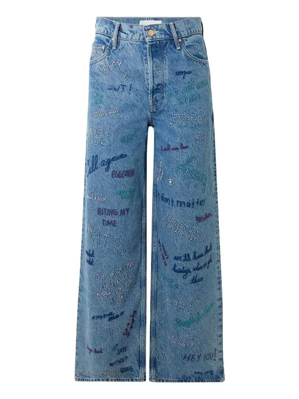 MOTHER Double Dip Nerdy Embroidered Mid-rise Wide-leg Jeans - Blue