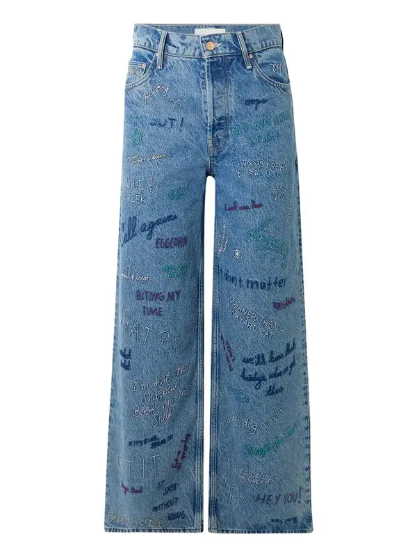 MOTHER Double Dip Nerdy Embroidered Mid-rise Wide-leg Jeans - Blue