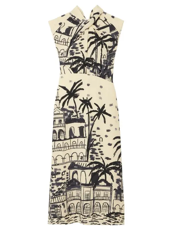 Johanna Ortiz Interdimensional Cutout Printed Silk Midi Dress - Ecru