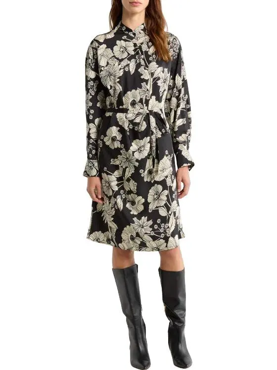 MELLODAY Floral Print Tie Belt Long Sleeve Dress - Black Flower Multi