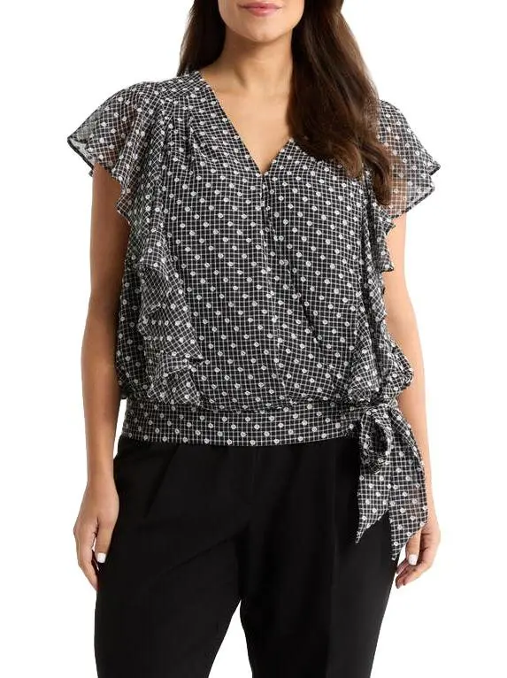 LIVERPOOL Plaid Swiss Dot Flutter Sleeve Ruffle Top - Black/white Plaid