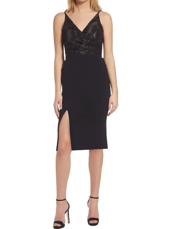 Dress The Population Giulia Sequin Bodice Crepe Sheath Dress - Black/nude
