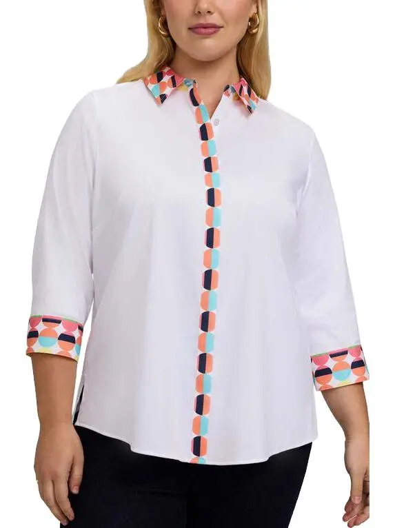 Foxcroft Luna Three-quarter Sleeve Border Print Button-up Shirt - White Multi