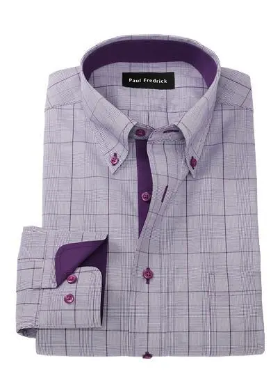 PAUL FREDRICK Comfort Stretch Non-iron Glen Plaid Dress Shirt With Contrast Trim - Purple