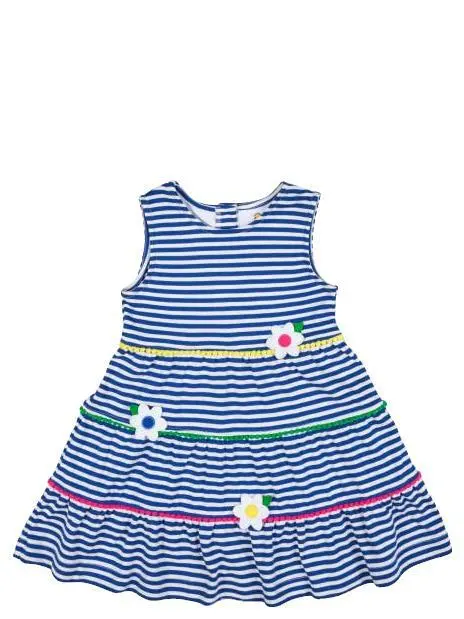 FLORENCE EISEMAN Stripe Knit Dress With Pom Poms And Appliqué Flowers - Blue/white