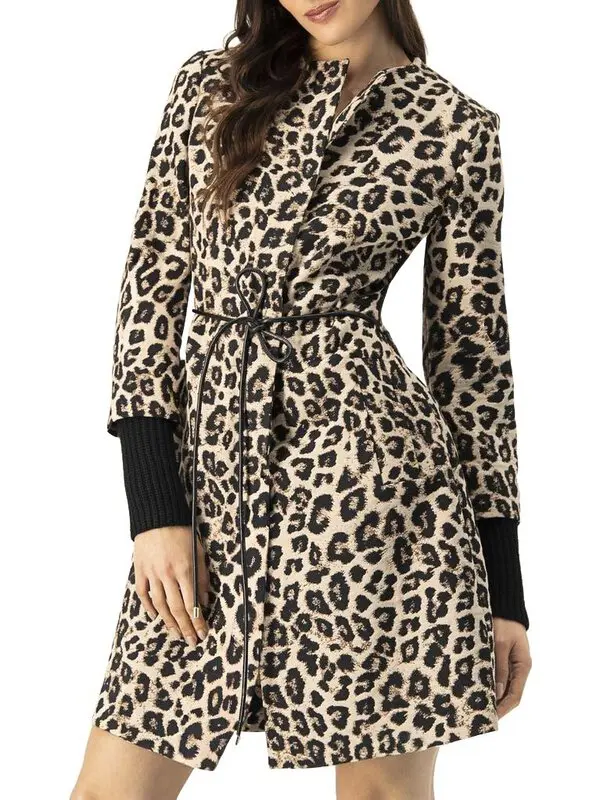 IVONNE Animal Print Long Coat With Ribbed Cuffs - Beige