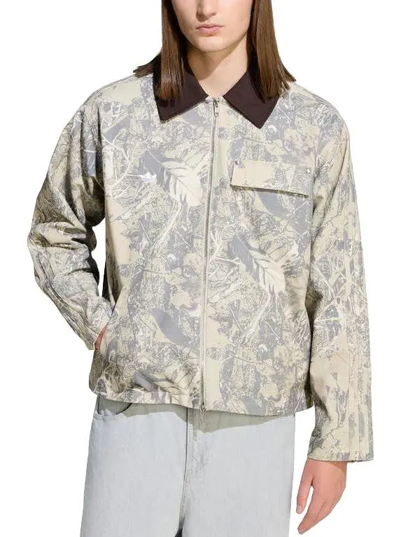 Adidas Originals Leaf Print Cotton Canvas Workwear Jacket - Putty Grey/grey/beige