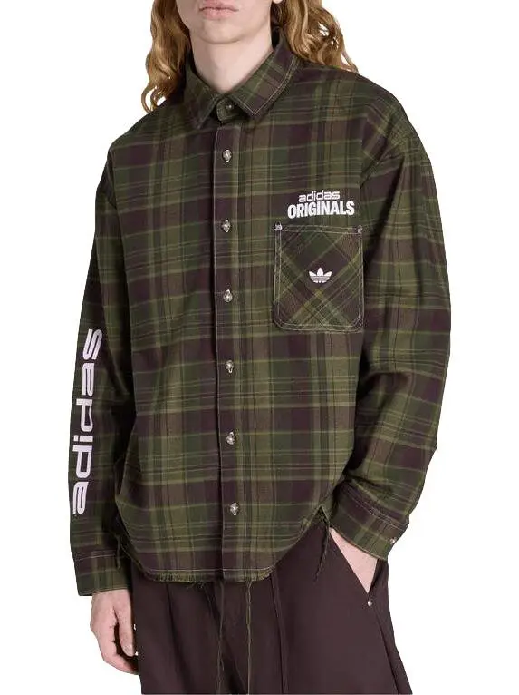 Adidas Duck Graphic Distressed Plaid Cotton Flannel Button-up Shirt - Focus Olive