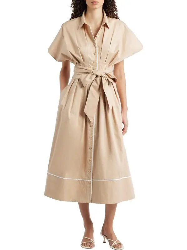 FREEMARKET Tie Waist Midi Shirtdress - Khaki/white
