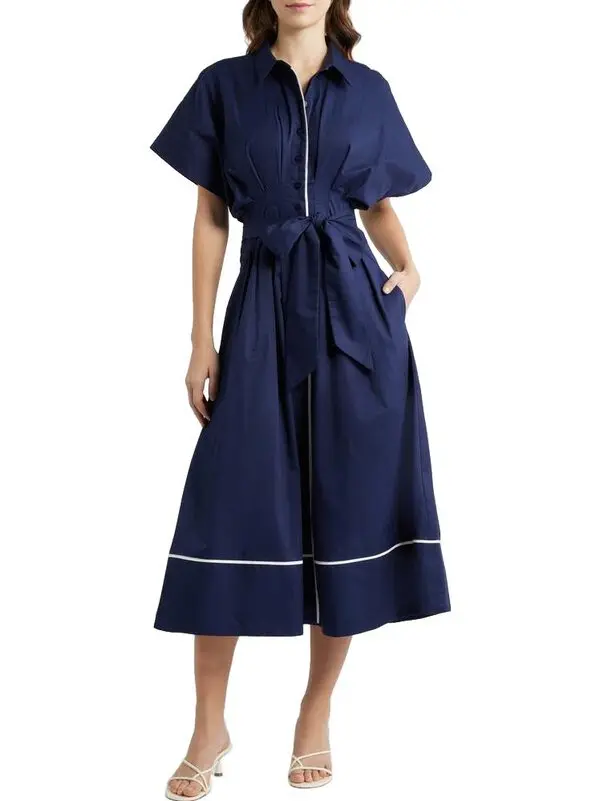 FREEMARKET Tie Waist Midi Shirtdress - Navy/white