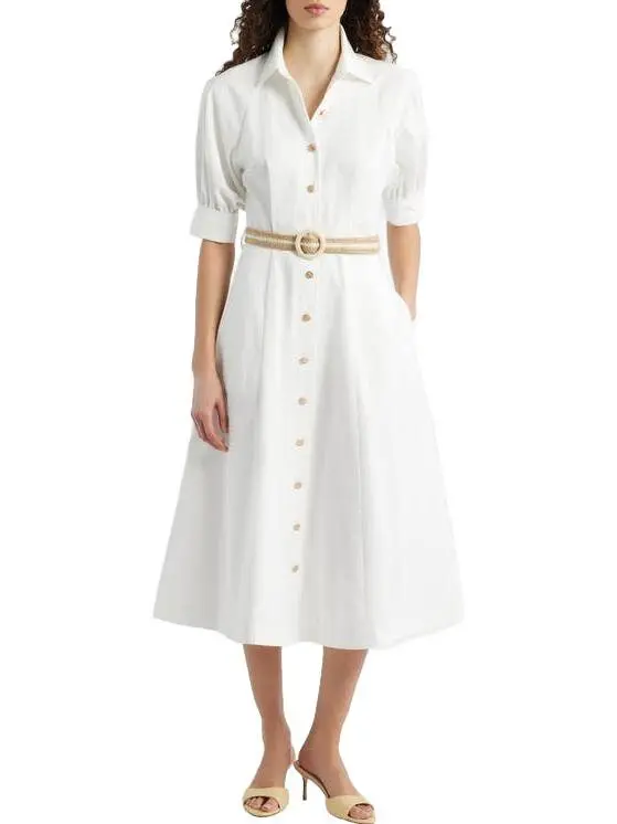 FREEMARKET Puff Sleeve Belted Cotton Midi Shirt Dress - White
