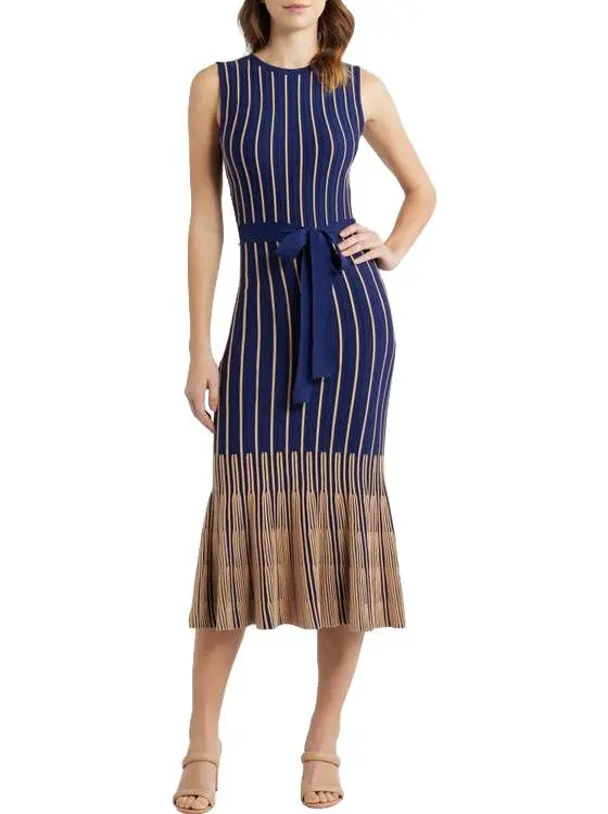FREEMARKET Tie Belt Knit Dress - Navy/taupe