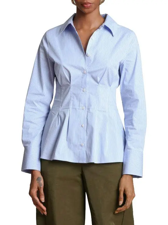 Avec Les Filles Stripe Button-up Top - Blue/white Stripe