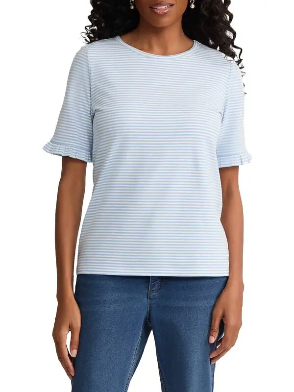 Jones New York Striped Ruffle-cuff T-shirt - Breeze Blue/natural White
