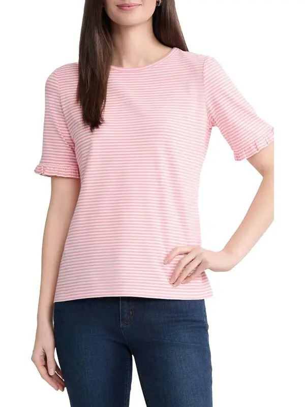 Jones New York Striped Ruffle-cuff T-shirt - Coral Canyon/natural White