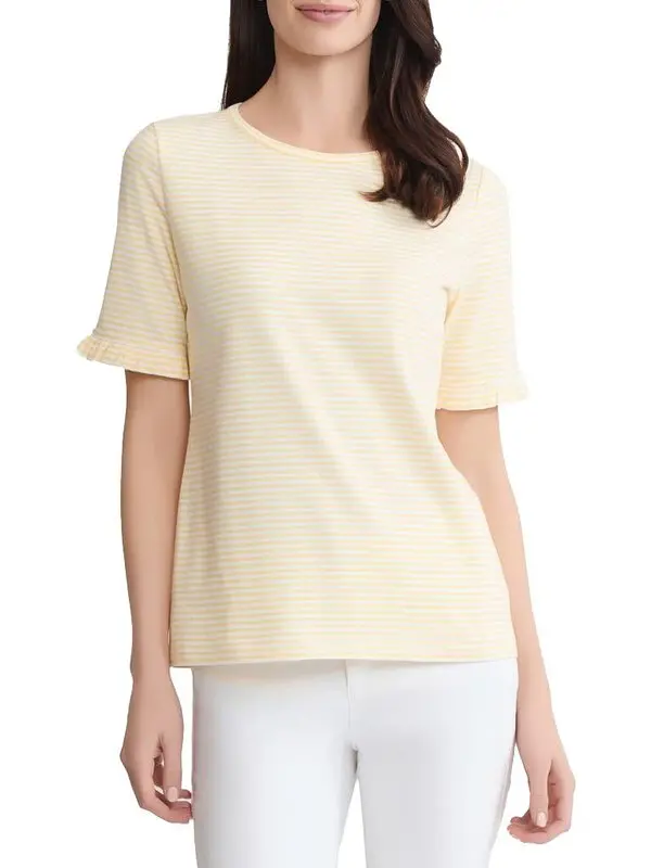 Jones New York Striped Ruffle-cuff T-shirt - Cornsilk/natural White