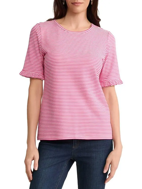 Jones New York Striped Ruffle-cuff T-shirt - Dutch Pink/natural White