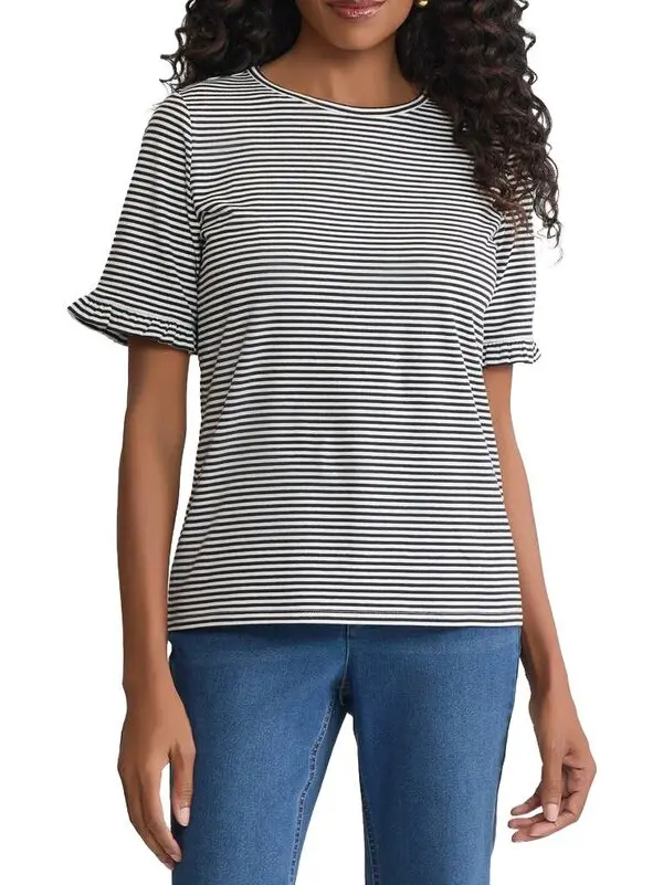 Jones New York Striped Ruffle-cuff T-shirt - Jones Black/natural White