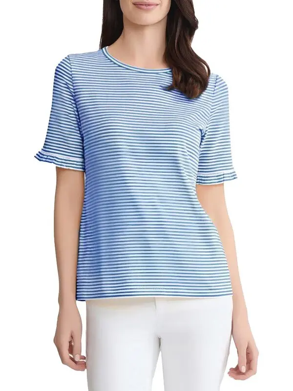 Jones New York Striped Ruffle-cuff T-shirt - Sapphire/natural White