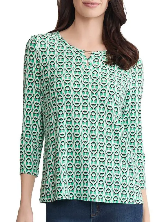 Jones New York Abstract Print Keyhole Top - Kelly Multi