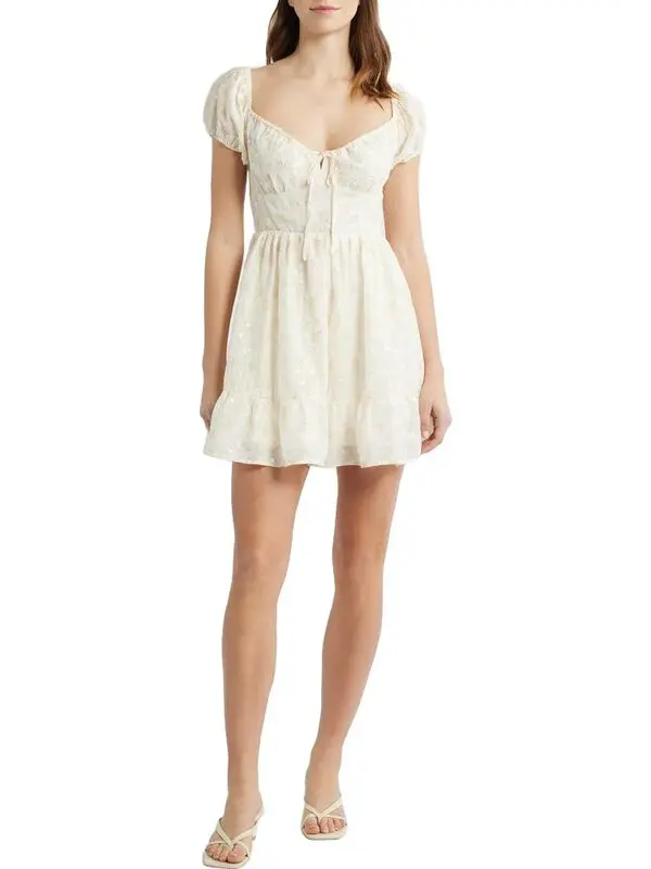 ALL IN FAVOR Embroidered Sweetheart Neck Minidress - Ivory Yellow