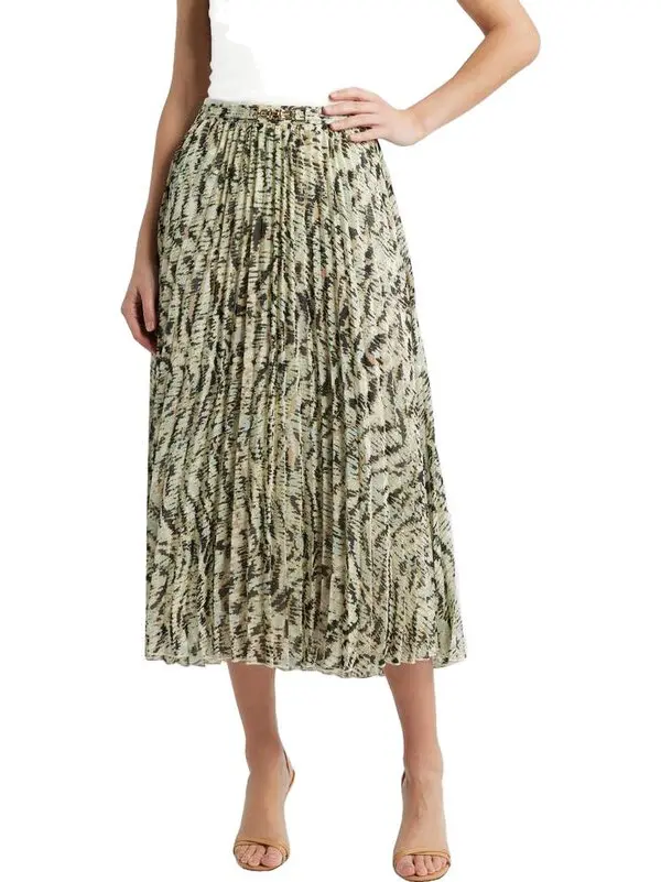 Anne Klein Printed Pleated Maxi Skirt - Soft Aloe Multi