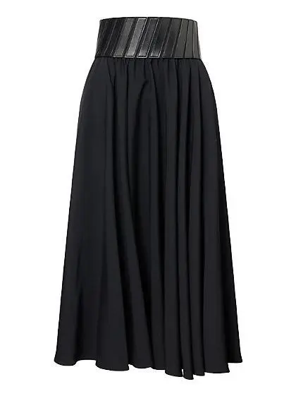Alaïa Wool Midi Skirt With Leather Belt - Noir