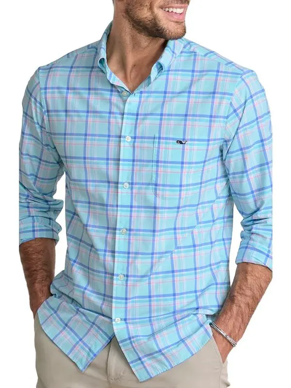 Vineyard Vines Coconut Key Plaid Upf 30+ Button Front Shirt - Sea Splash