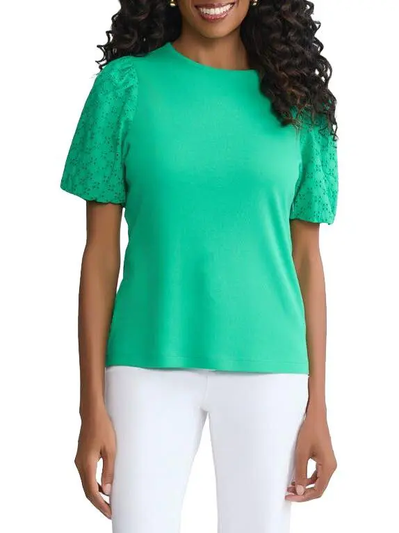 Jones New York Eyelet Puff Sleeve Crewneck Top - Kelly