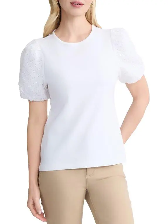 Jones New York Eyelet Puff Sleeve Crewneck Top - Natural White