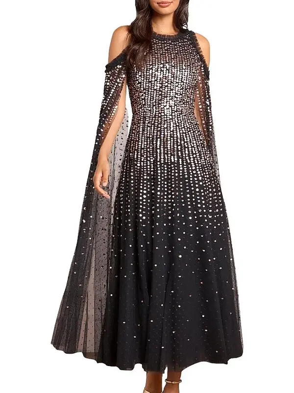 NEEDLE & THREAD Moonlight Sequin Cape Sleeve Gown - Graphite/metallic