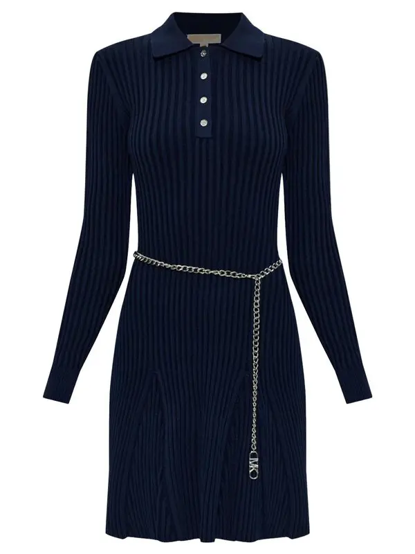 Michael Kors Long-sleeve Ribbed Knit Dress With Chain - Navy Blue