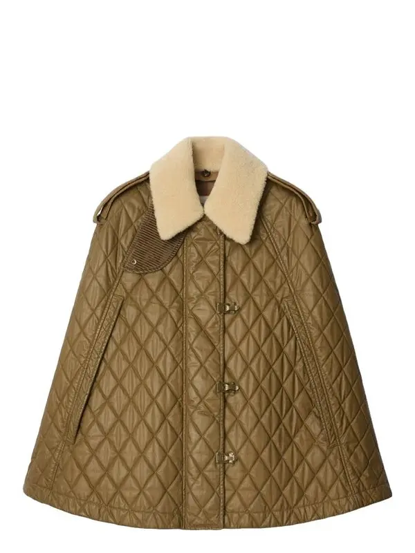 Burberry Shearling Collar Quilted Cotton Cape - Walrus Brown/hemlock Beige