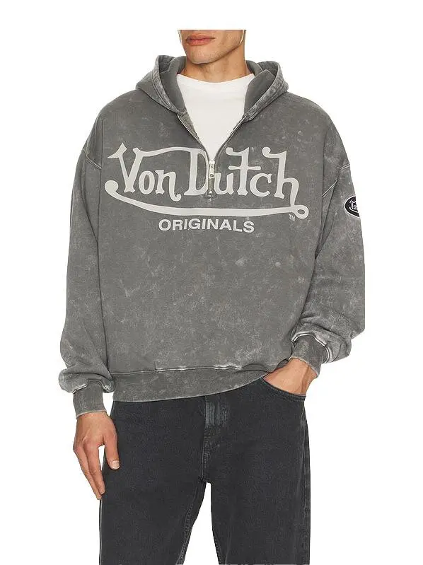 VON DUTCH Quarter Zip Boxy Hoodie - Dark Gray Mineral Wash