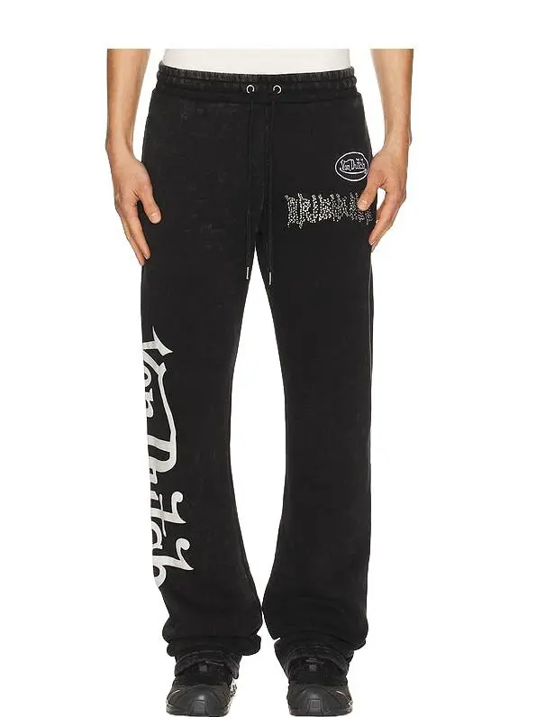 VON DUTCH Logo Flared Leg Joggers In Black - Jet Black Bleach Wash