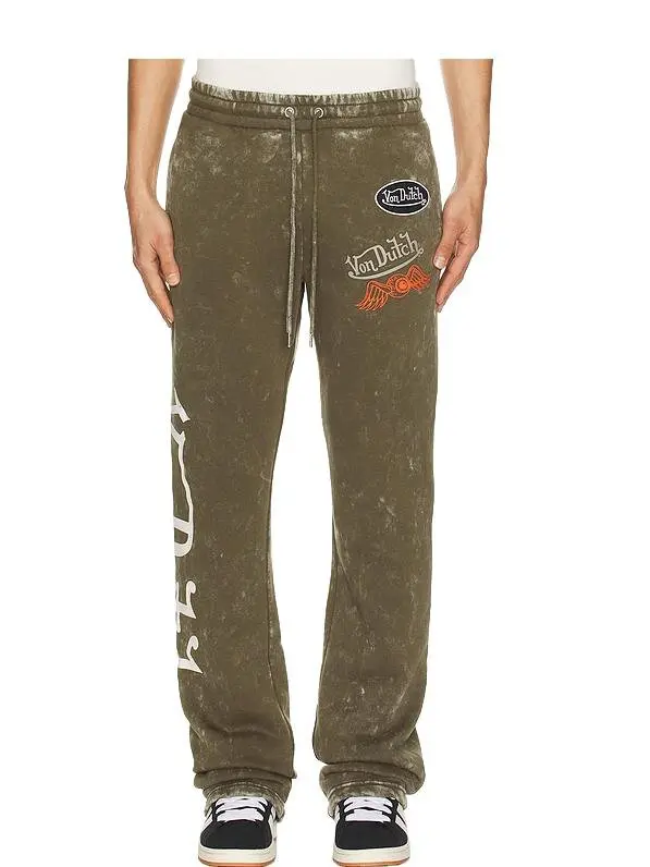 VON DUTCH Stacked Flare Leg Joggers In Green - Olive Night Mineral Wash